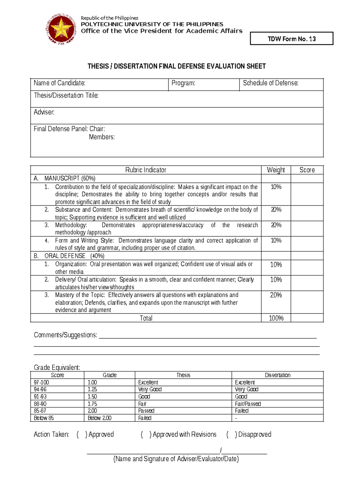TDW Form No. 13 - Thesis Dissertation Final Defense Evaluation Sheet - Republic of the ...