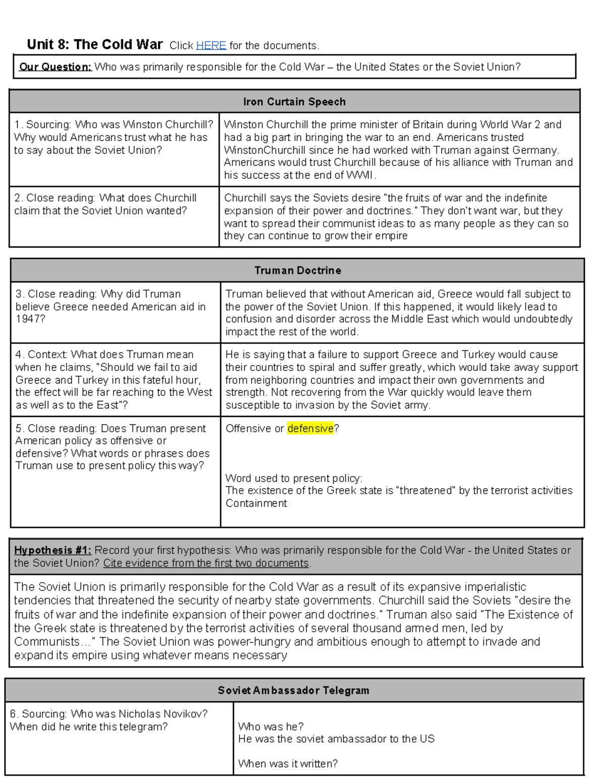 Cold War Lesson: Understanding Responsibility Between US & USSR - Studocu