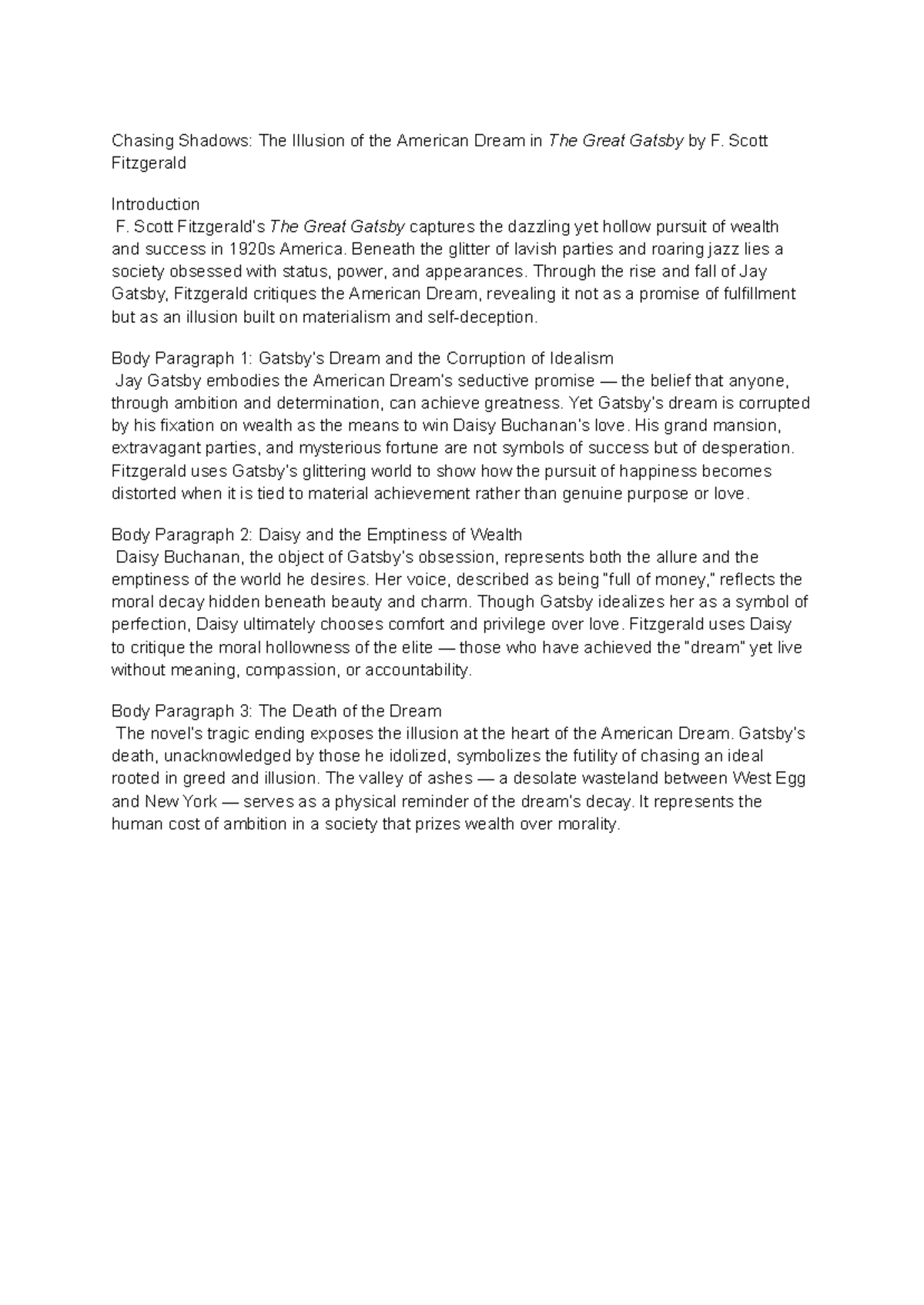 ENG 101 Essay: The Illusion of the American Dream in The Great Gatsby ...