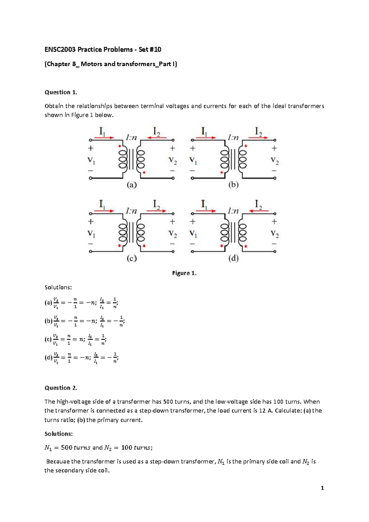 ENSC2003 Tutorial Question Set 10 Solutions: Motors & Transformers ...