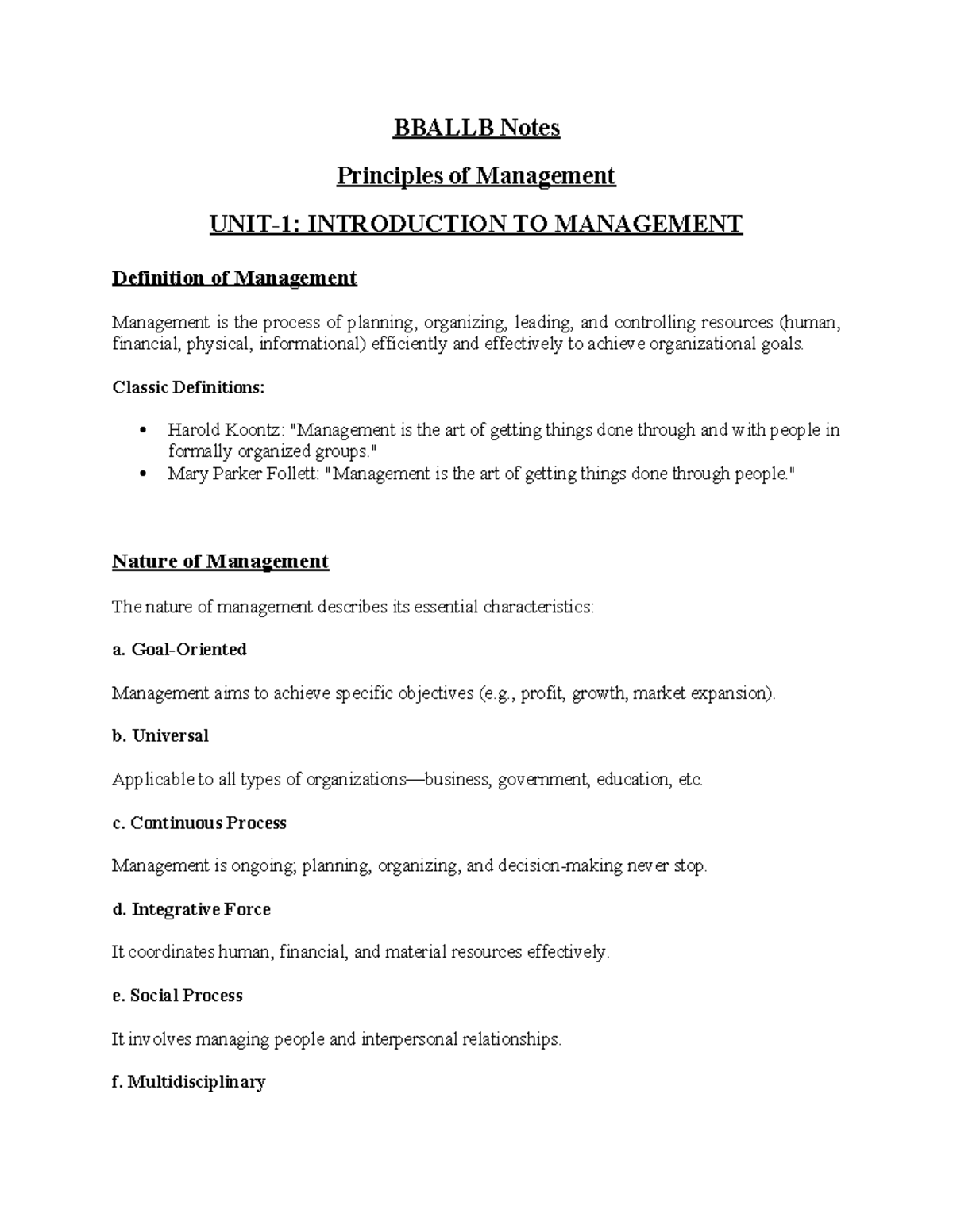BBALLB Notes: Principles of Management - Unit 1 Overview - Studocu