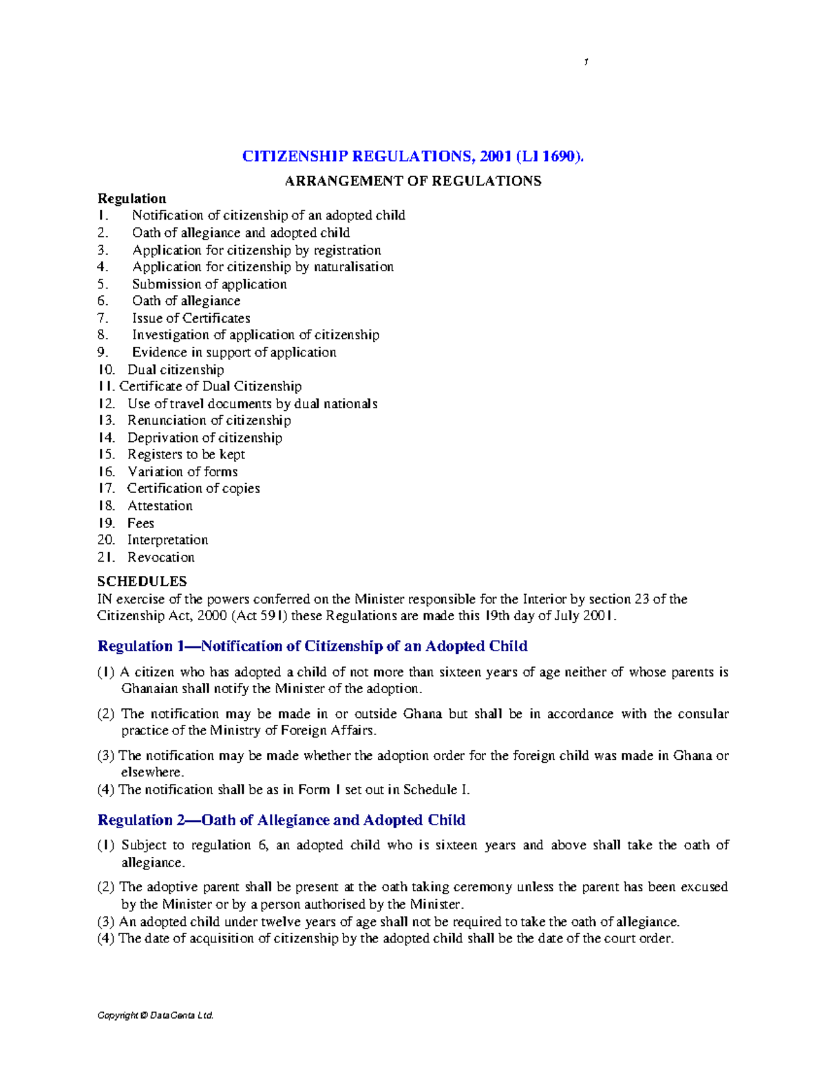 CITIZENSHIP REGULATIONS, 2001 (LI 1690) - FULL TEXT DETAILS - Studocu