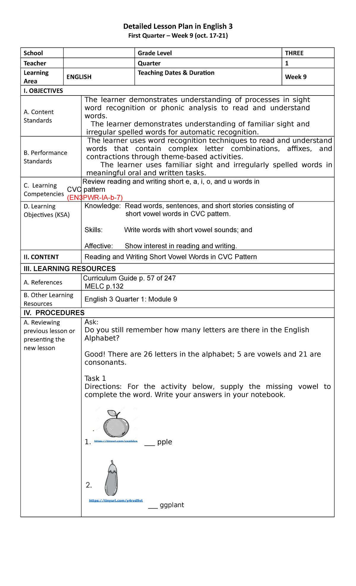 Week 9 - Detailed English Lesson Plan for Grade 3 (CVC Focus) - Studocu