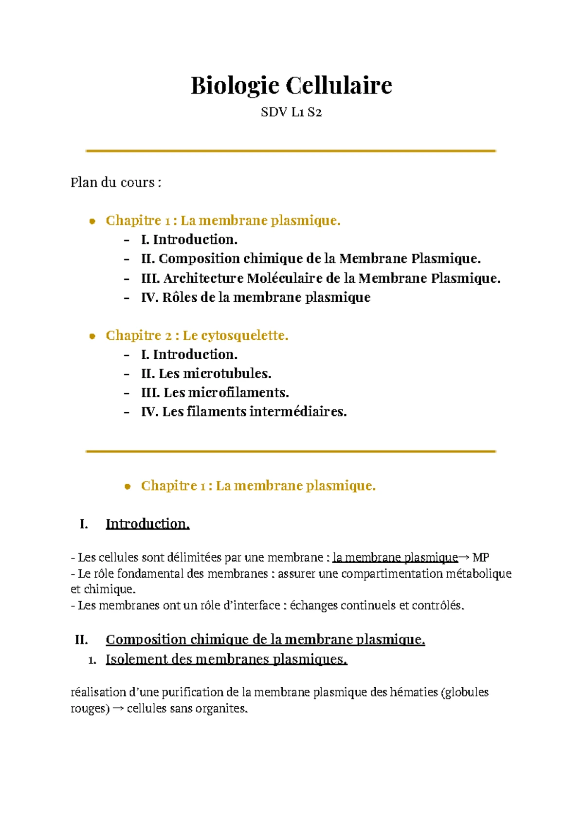 Biologie de la cellule cours n°1 - L1S Biologie de la Cellule Responsables "Biologie - Studocu