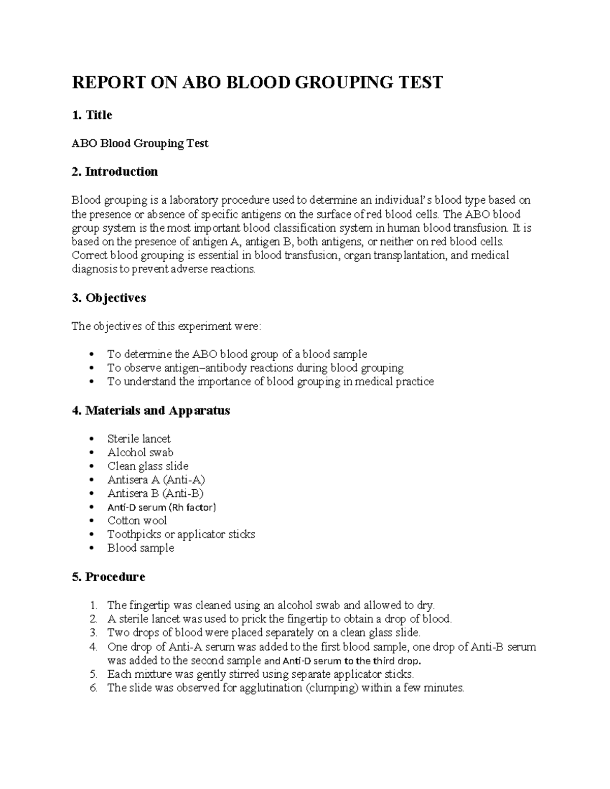 ABO Blood Grouping Test Report: Methods and Results Analysis - Studocu
