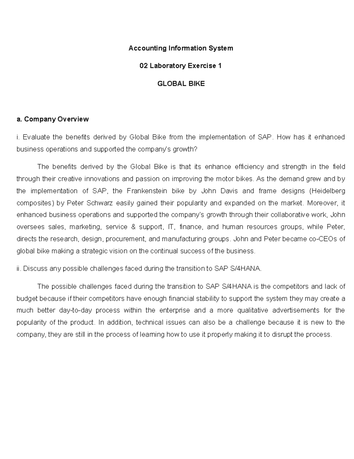 AIS SAPS4HANA 02 Lab Exercise 1: Global Bike's SAP Implementation Insights - Studocu