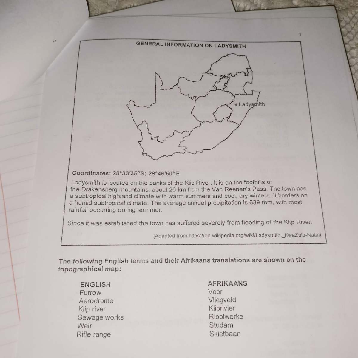 Geo SBA Mapwork Term 1: General Info on Ladysmith & Topographic ...