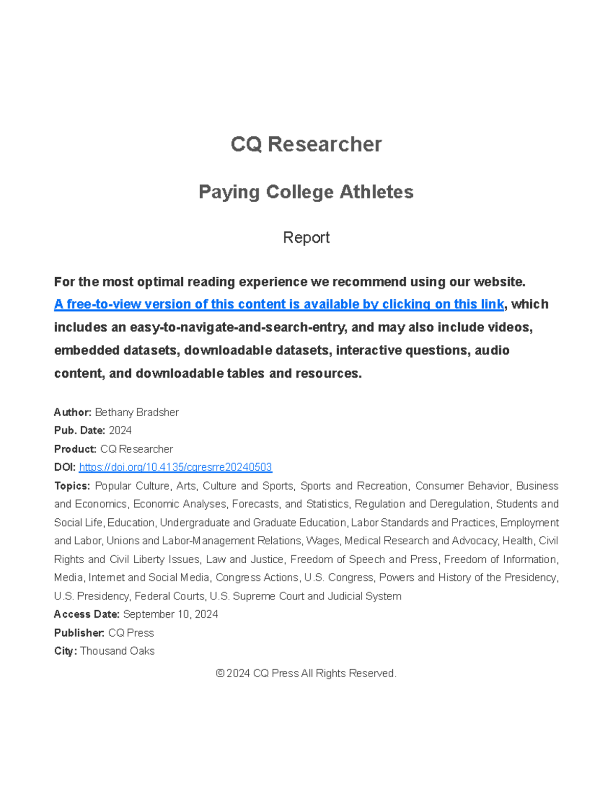 CQ Researcher Report: The Ongoing Debate on Paying College Athletes ...