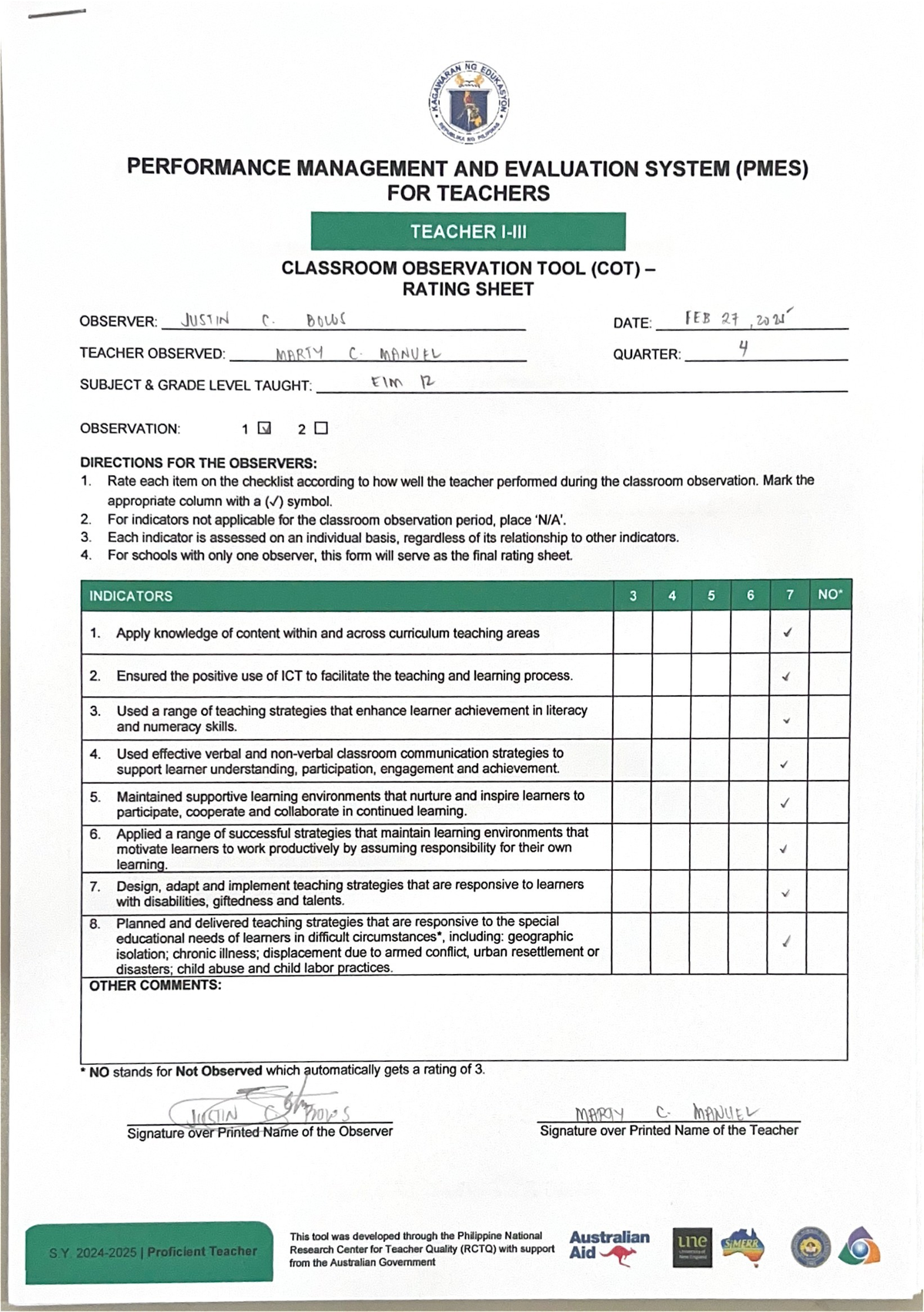 PMES Teacher Classroom Observation Tool (COT) Rating Sheet - Studocu