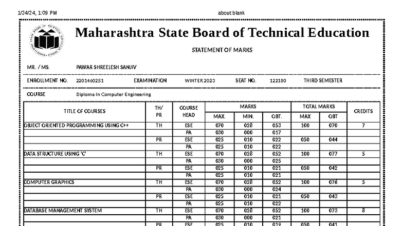 Shree - Diploma in Computer Engineering 3rd Sem Marksheet Winter 2023 ...
