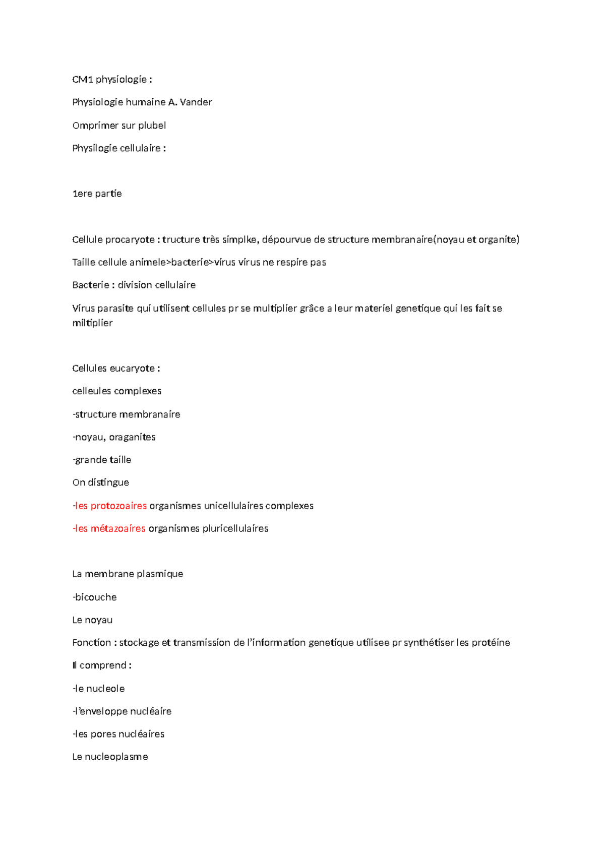 CM1 Physiologie : Notes sur la Physiologie Cellulaire et Humaine - Studocu