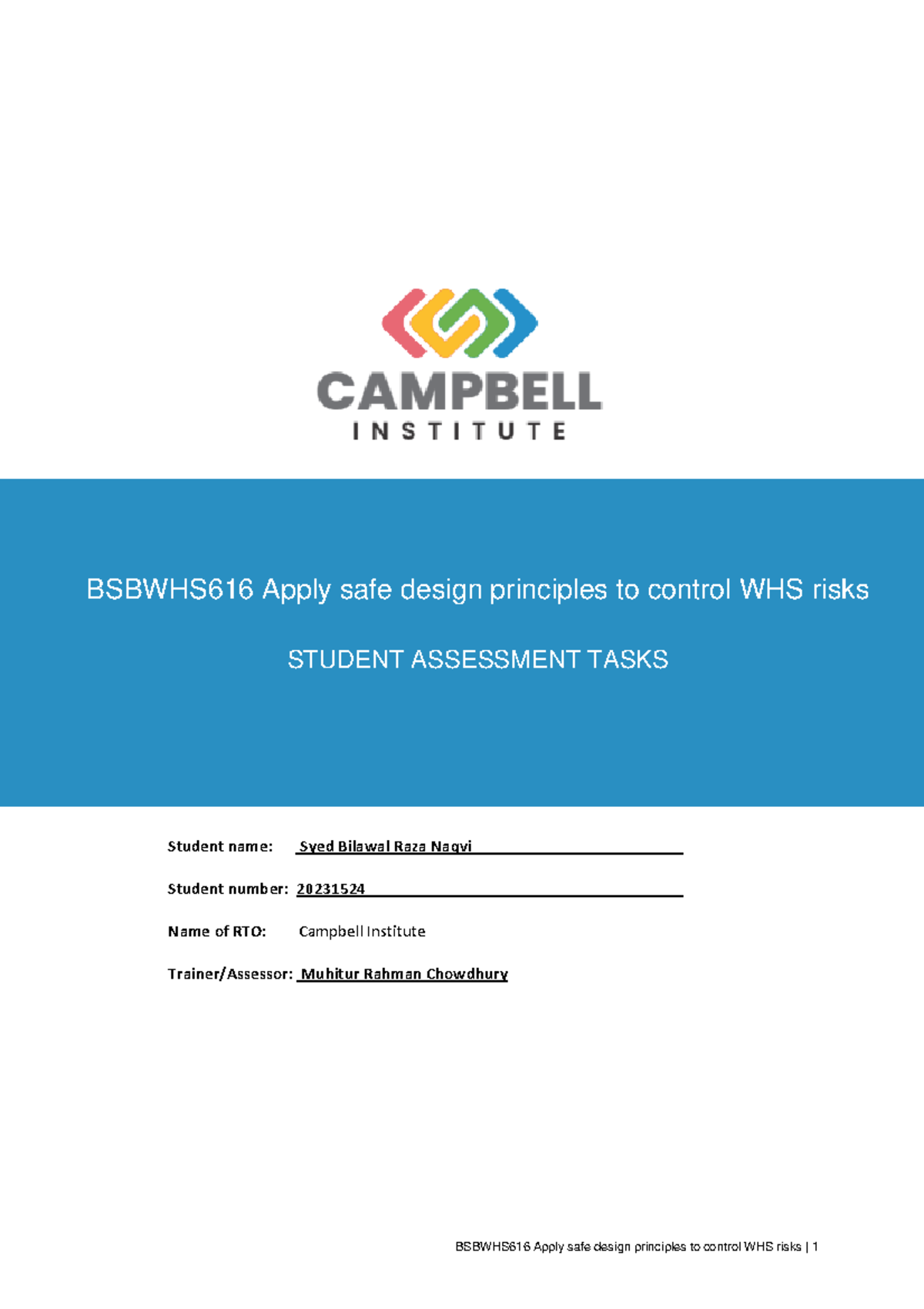 BSBWHS616 Student Assessment: Applying Safe Design Principles for WHS ...