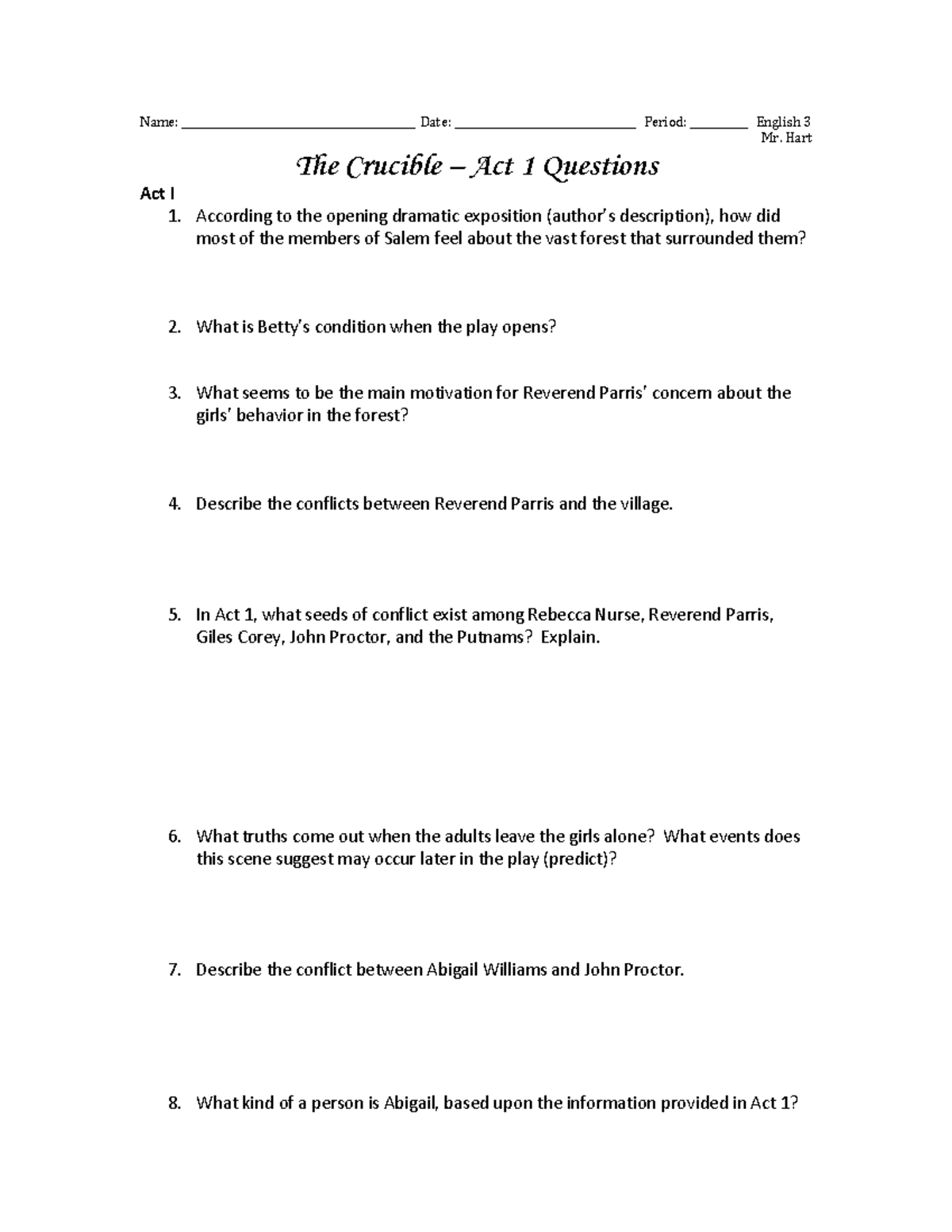 The Crucible (ENG 3) Act 1 Discussion Questions and Analysis - Studocu