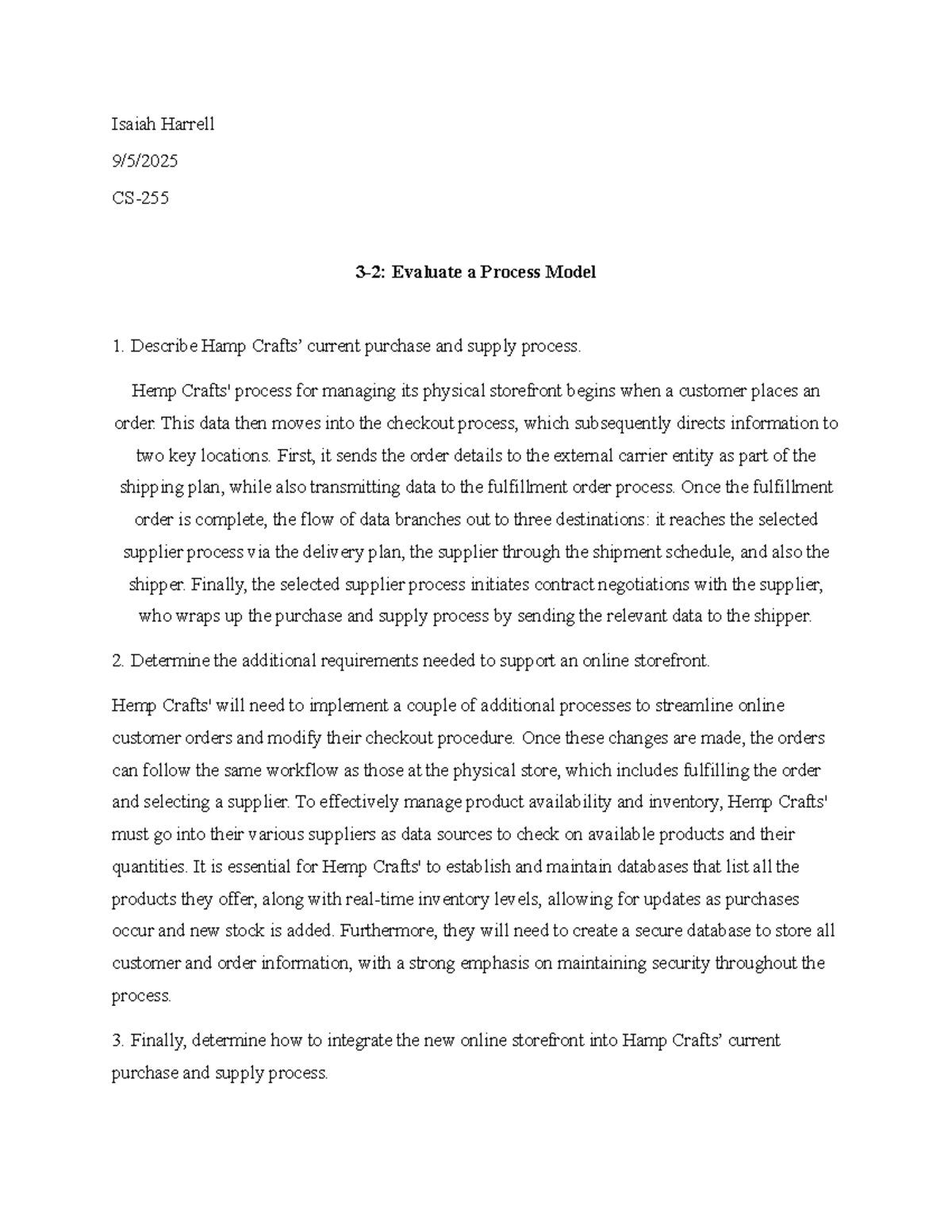 CS-255 3-2 Evaluate Hamp's Purchase & Supply Process Model - Studocu