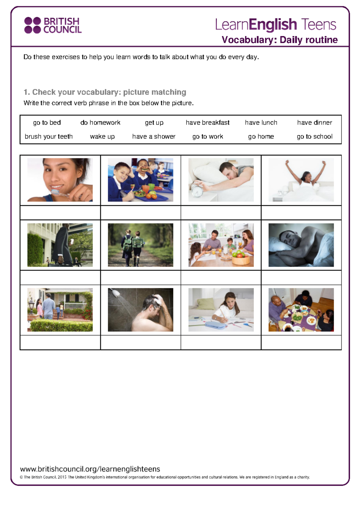 Daily Routine Vocabulary Exercises: Learn Daily Activities - Studocu