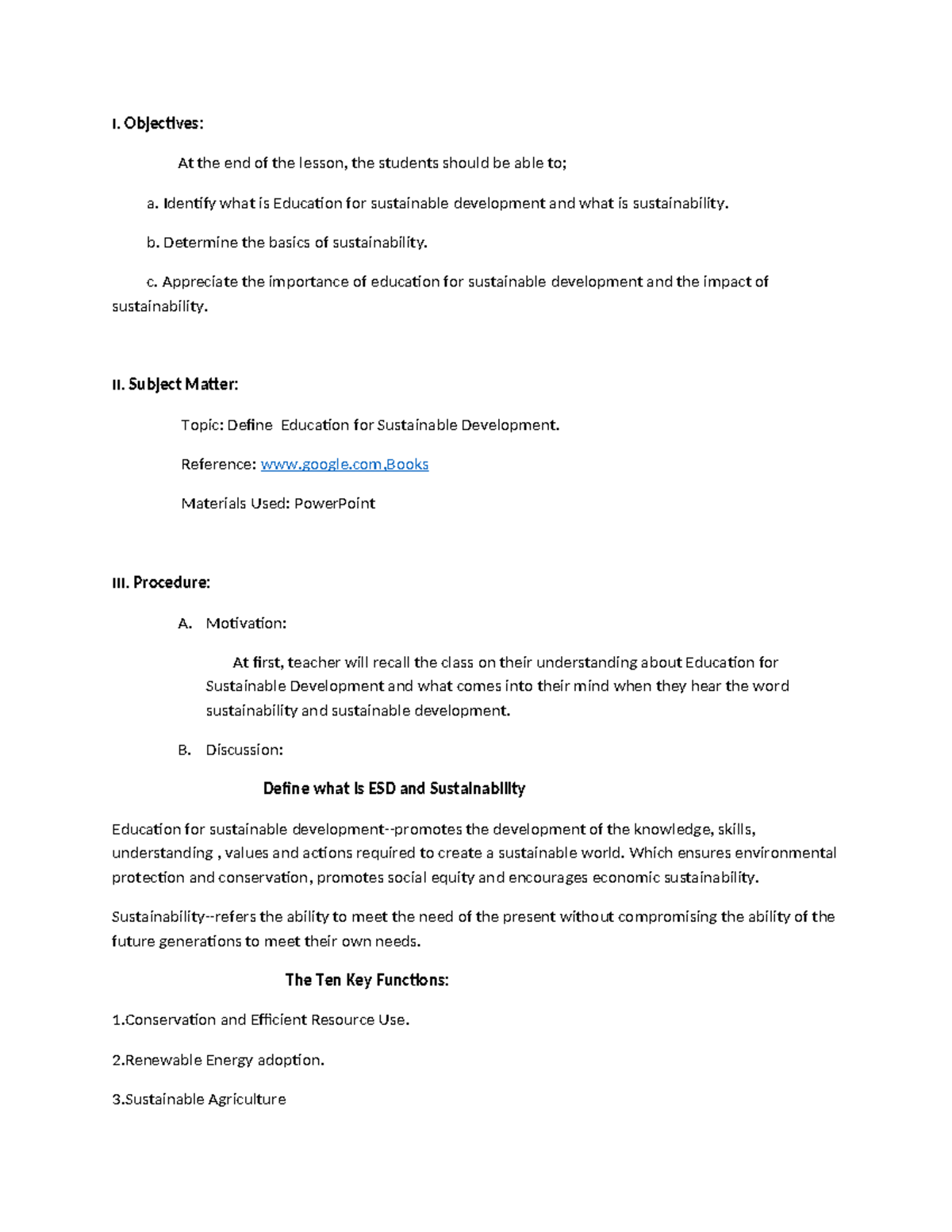 ESD Lesson Plan: Understanding Sustainability and its Importance - Studocu