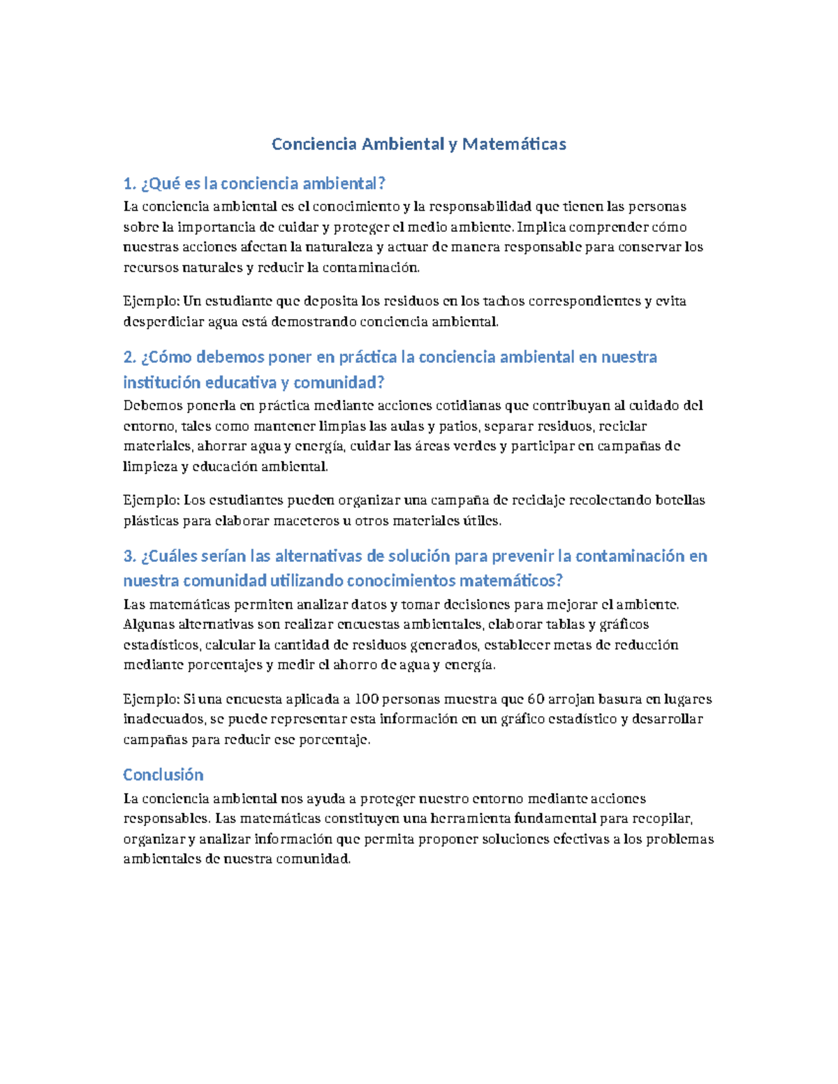 Respuestas sobre Conciencia Ambiental y Matemáticas 1 - Studocu