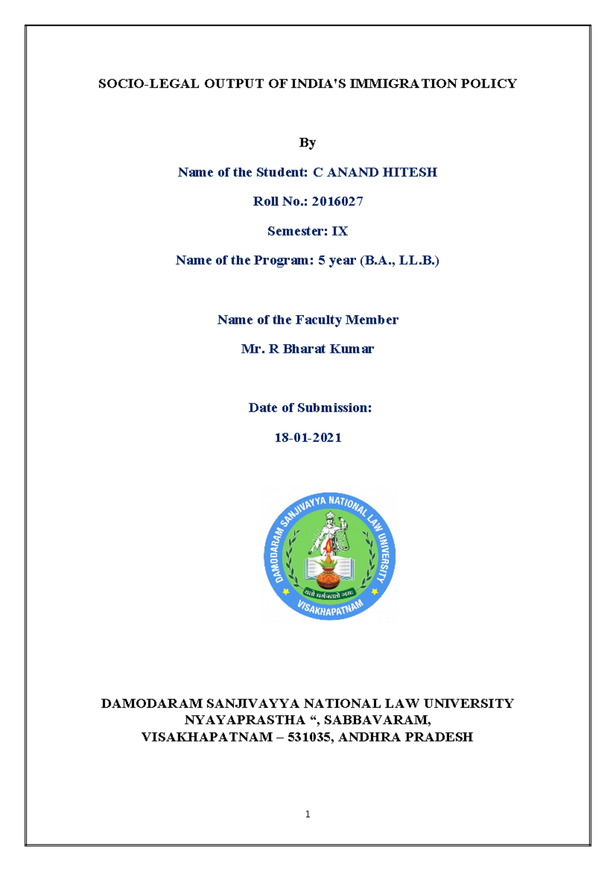 Citizenship and immigration laws project - SOCIO-LEGAL OUTPUT OF INDIA ...