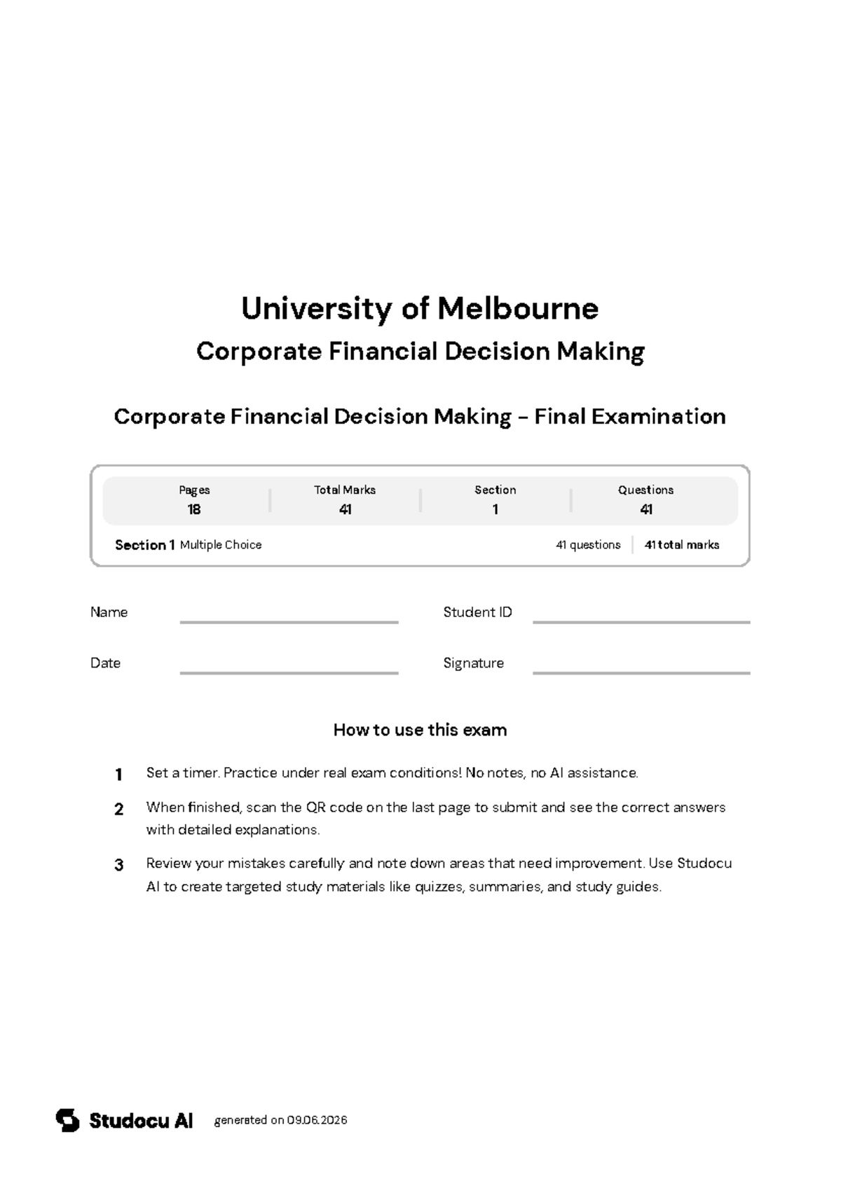 Corporate Financial Decision Making - Final Exam - Studocu