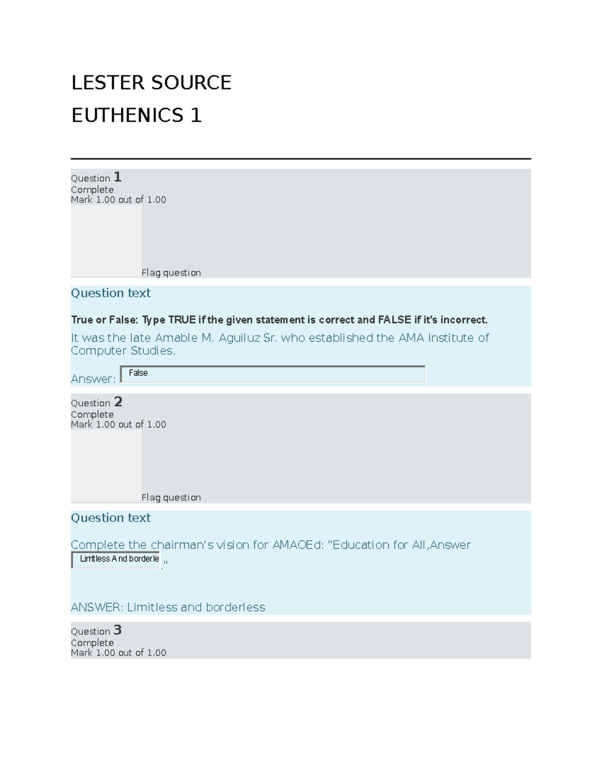 Euthenics 1 Prelim Q1- Prelim EXAM - LESTER SOURCE EUTHENICS 1 Question 1 Complete Mark 1 out of ...