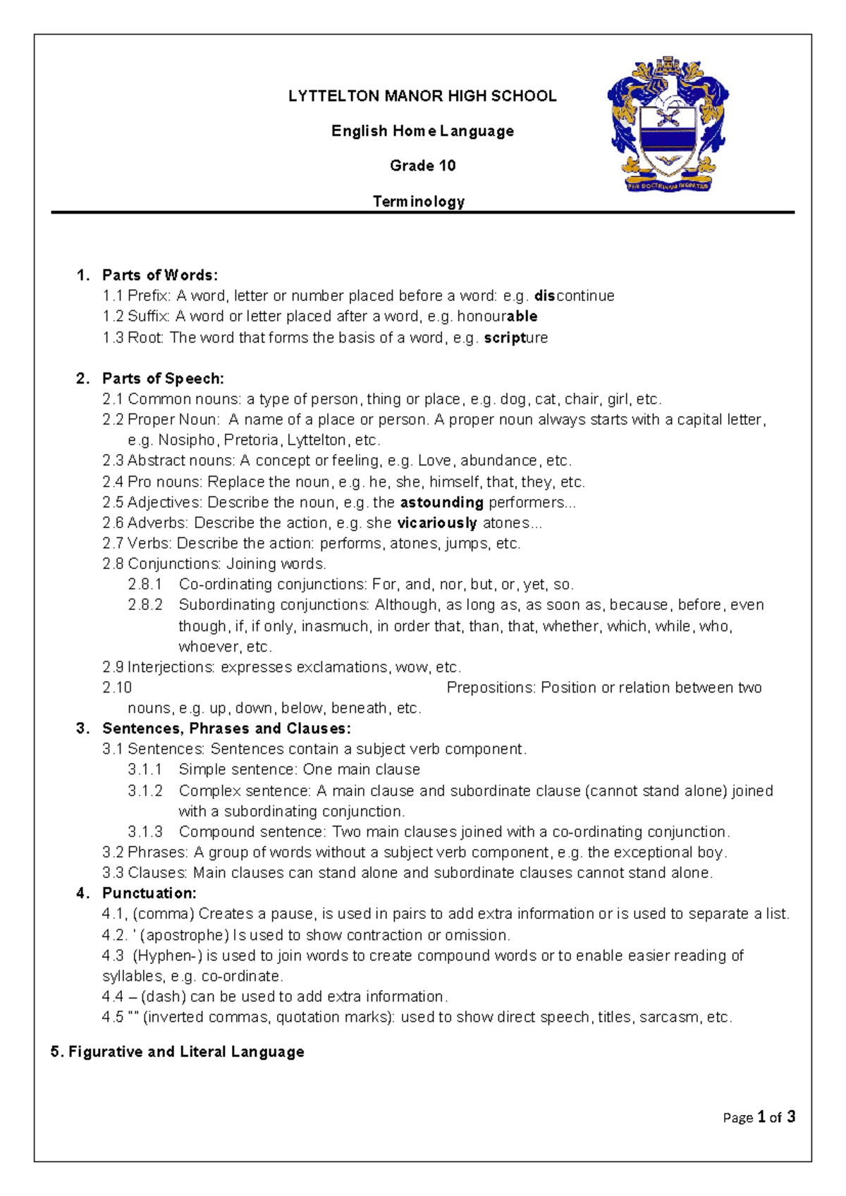Grade 10 English Terminology Overview and Key Concepts - Studocu