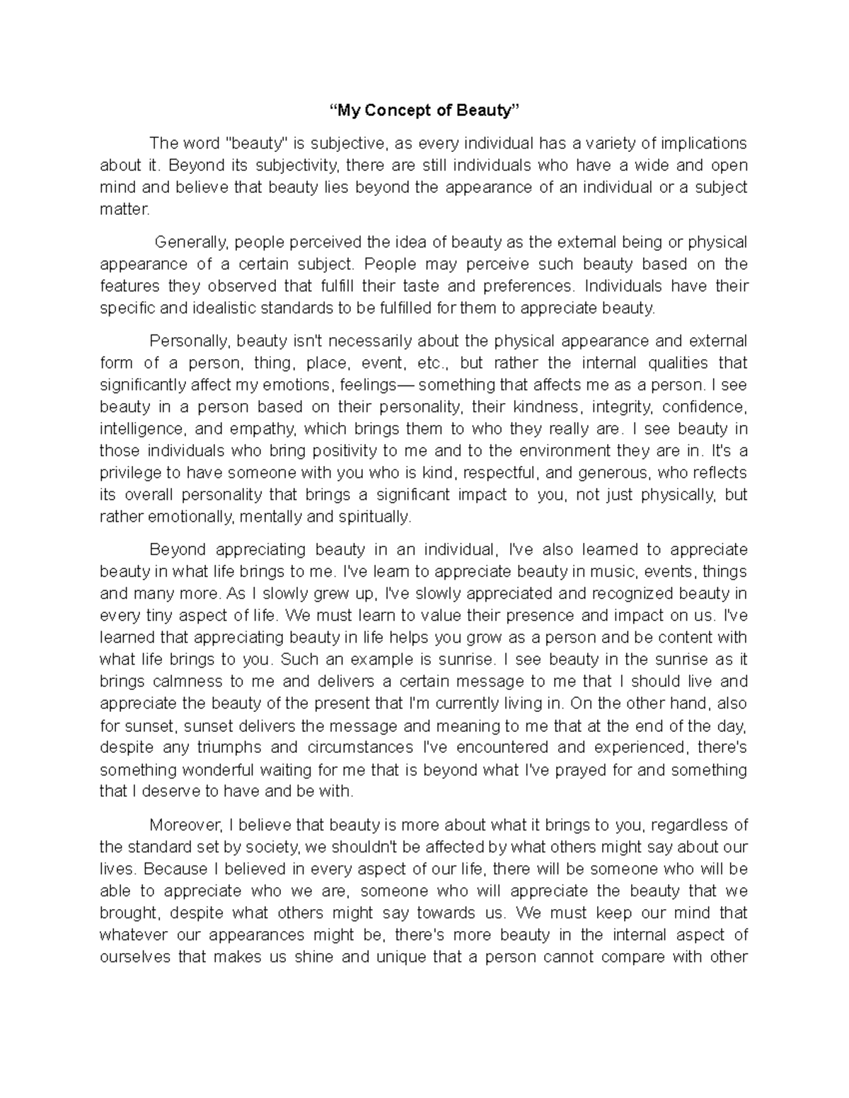 Art Appreciation - Essay on the Subjectivity of Beauty - Studocu