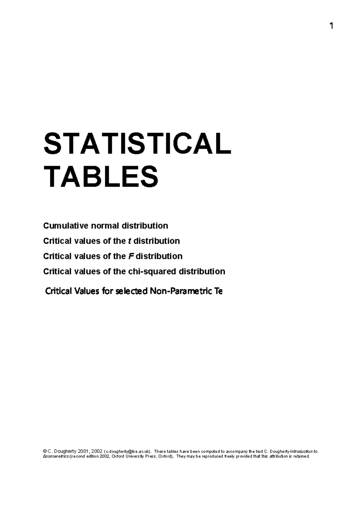 Statistical Tables for Econometrics (Course Code: 1) - Studocu