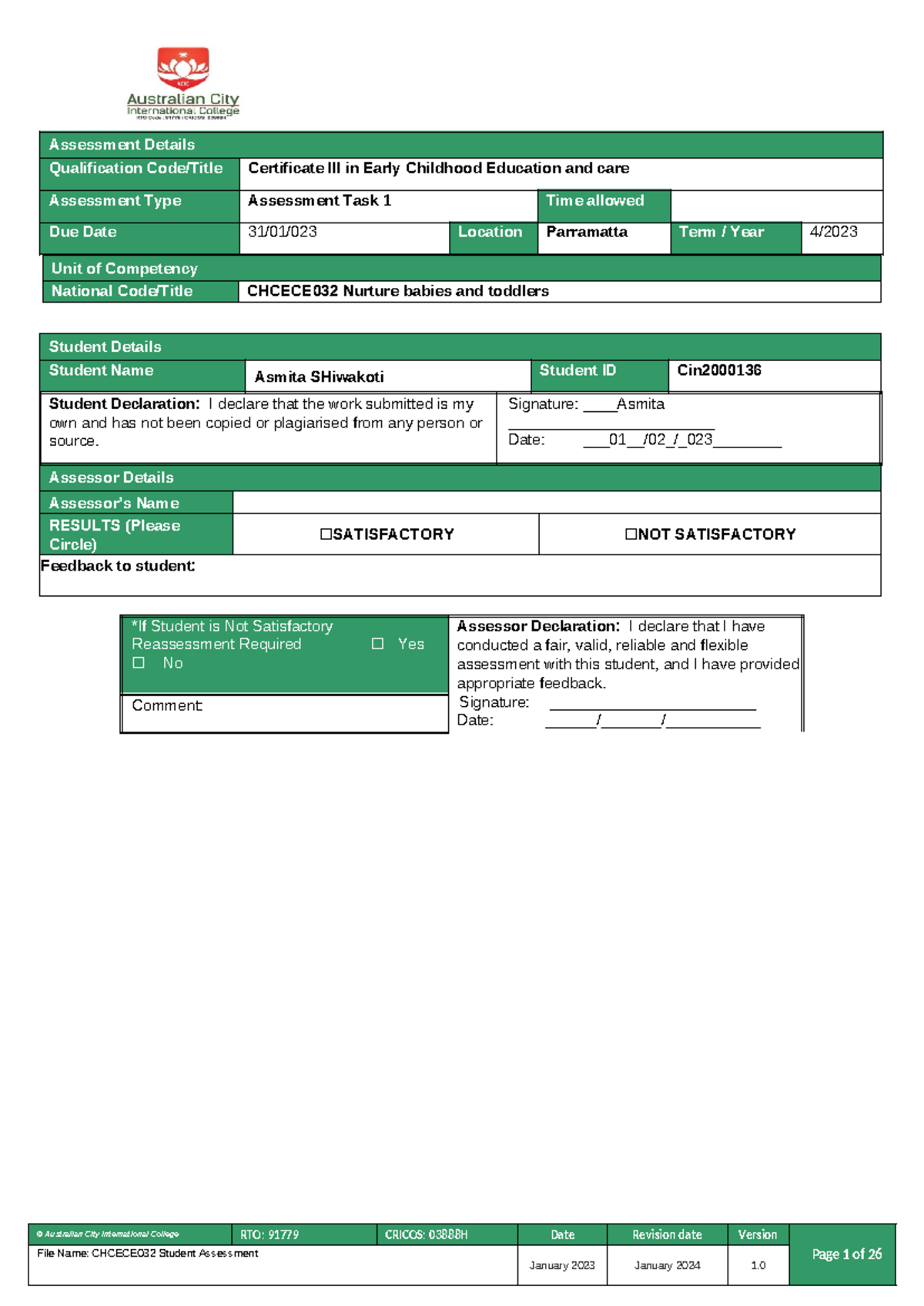 Final Exam CHCECE032 Assessment Task 1 - Early Childhood Education ...