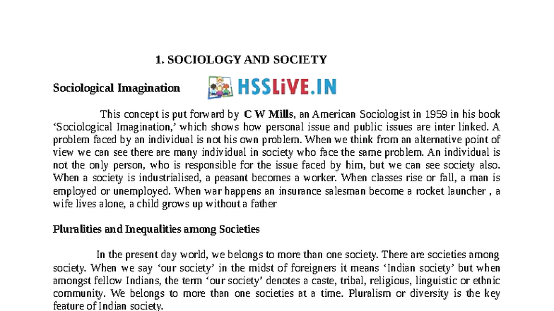 HSSLIVE XI Sociology Chapter 1 Notes: Sociological Imagination - Studocu