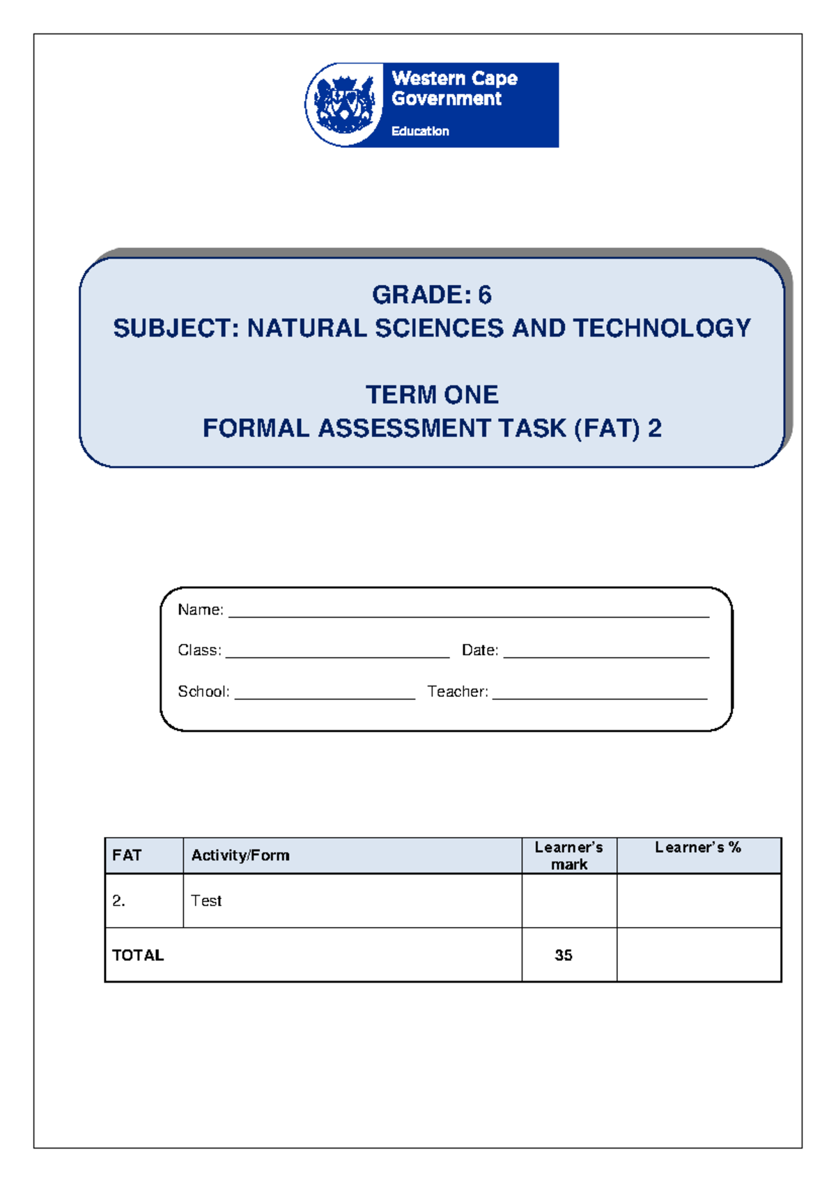 Gr 6 NATURAL SCIENCES & TECH: Term 1 FAT 2 Test Review - Studocu