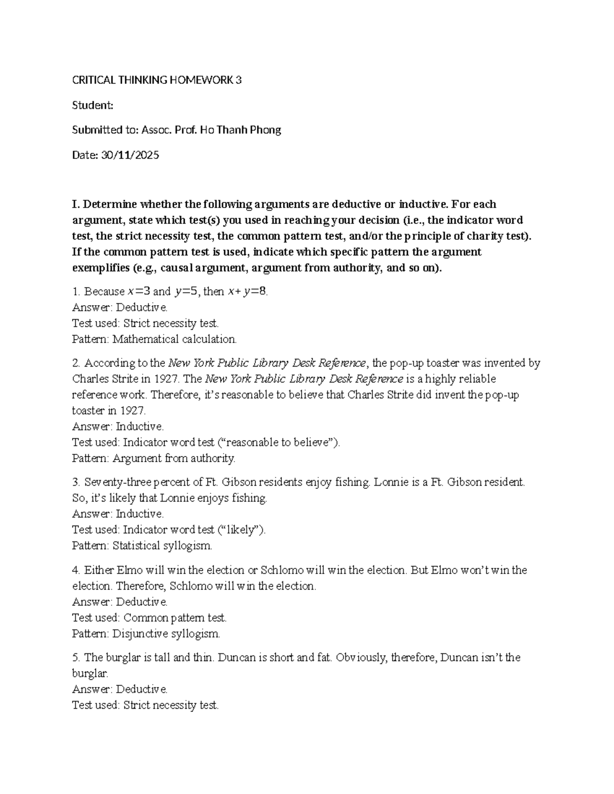 Critical Thinking Homework 3: Deductive & Inductive Arguments Analysis - Studocu