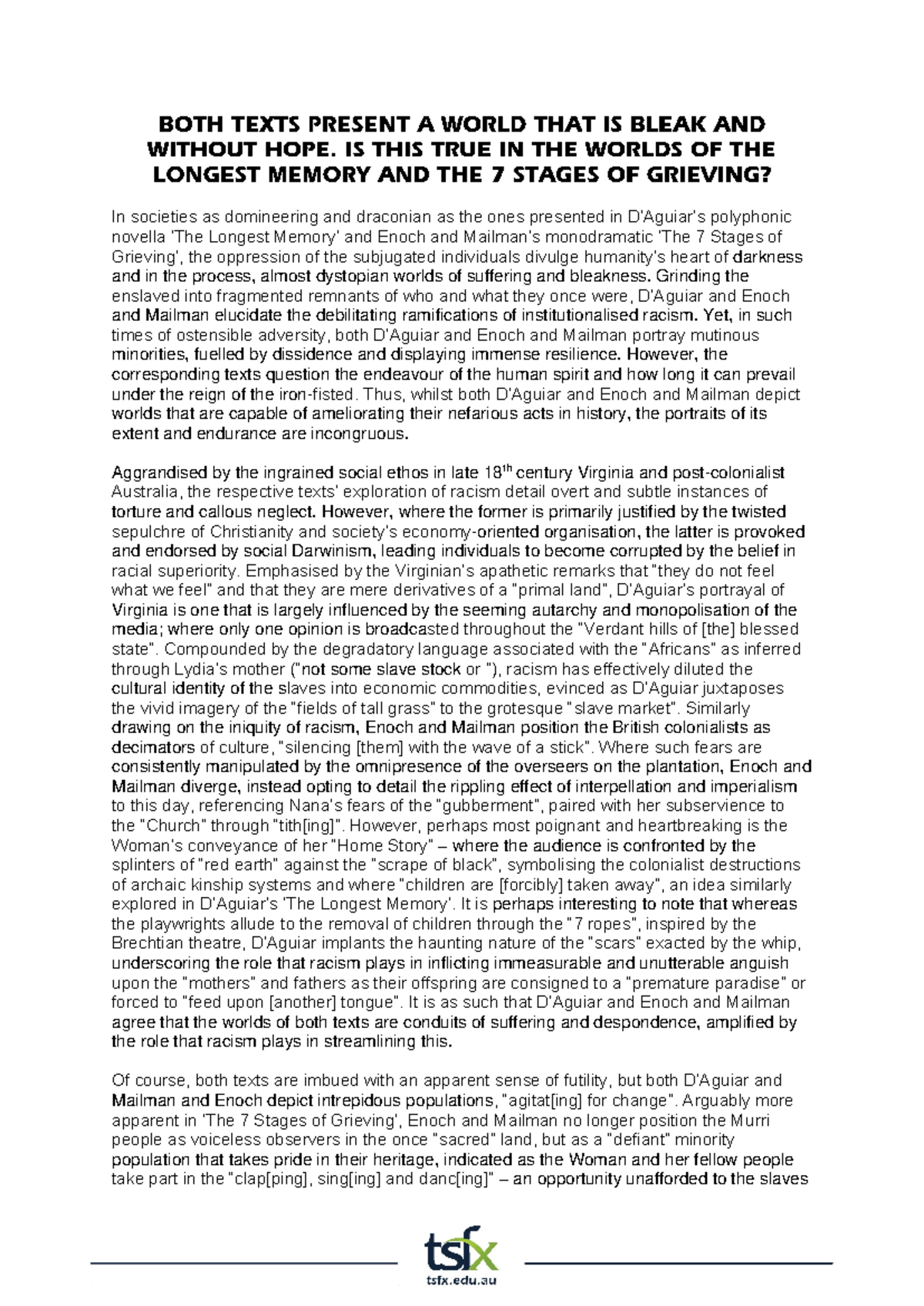 5. VCE - The Longest Memory & 7 Stages of Grieving - Final Essay ...