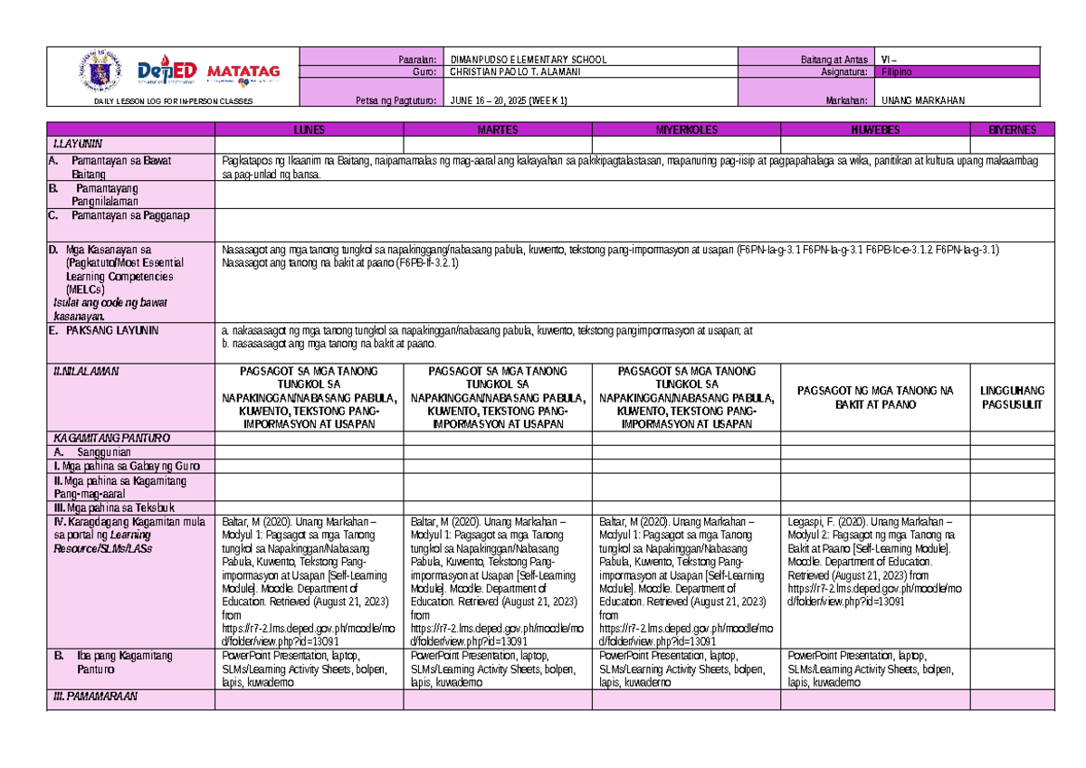 G6 Q1W1 DAILY LESSON LOG: Pagsagot sa Pabula at Kuwento (MELCs) - Studocu