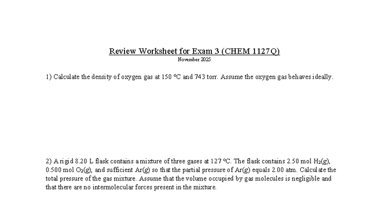 1127Q Exam 3 Review Worksheet: Gas Laws & Quantum Numbers - Studocu