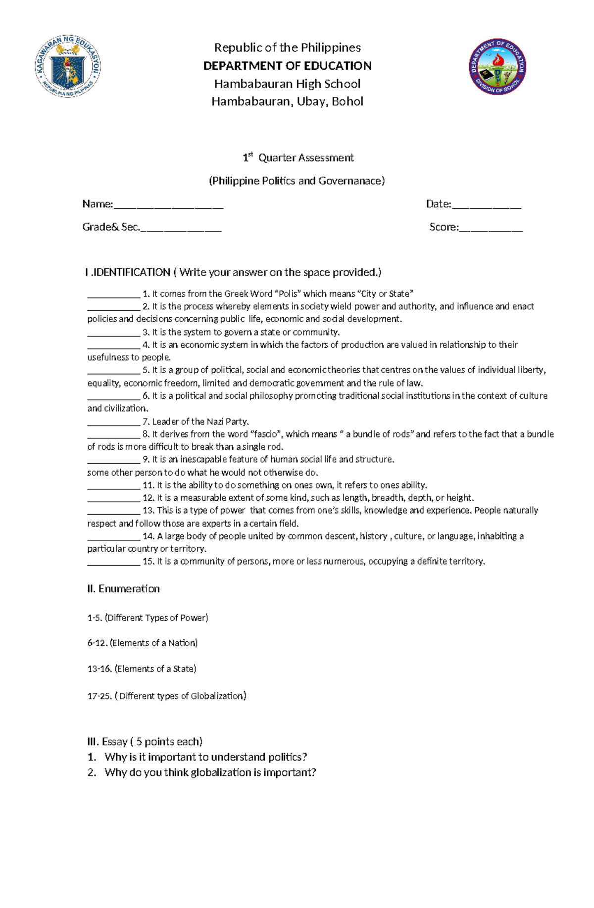 1st Quarter Assessment - 1 st Quarter Assessment (Philippine Politics ...