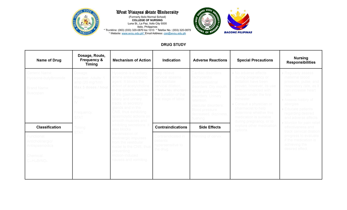 DRUG Study: Hyoscine-N-butylbromide Overview & Nursing Guidelines - Studocu