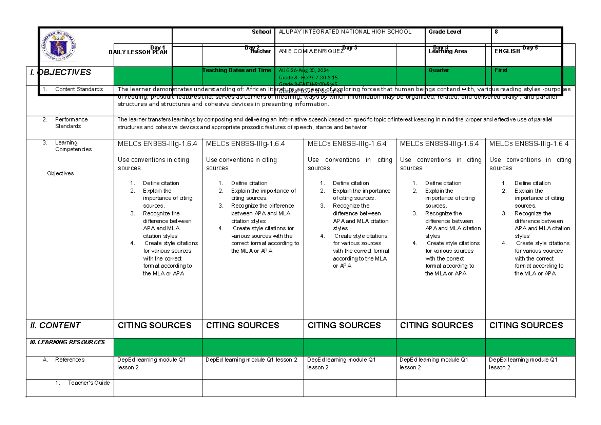 Citing Source WEEK 2 - Day 1 Day 2 Day 3 Day 4 Day 5 I. OBJECTIVES 1 ...
