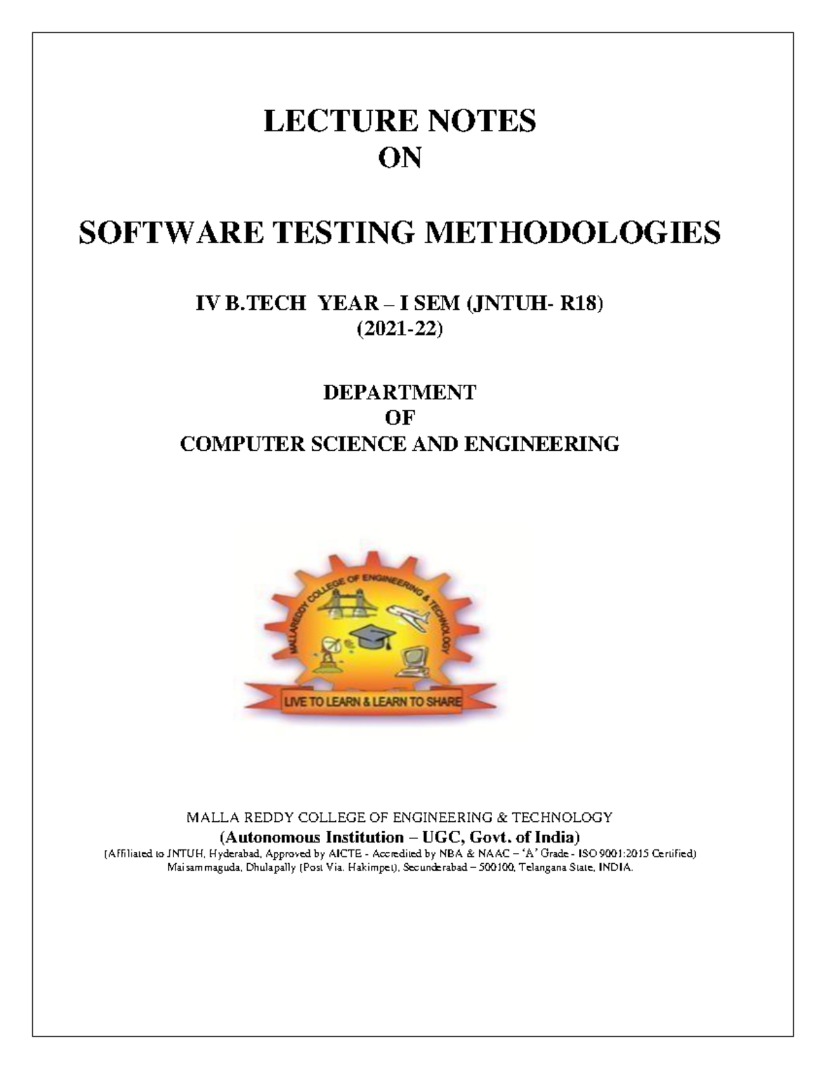 Software Testing Methodologies Lecture Notes On Software Testing Methodologies Iv B Year I