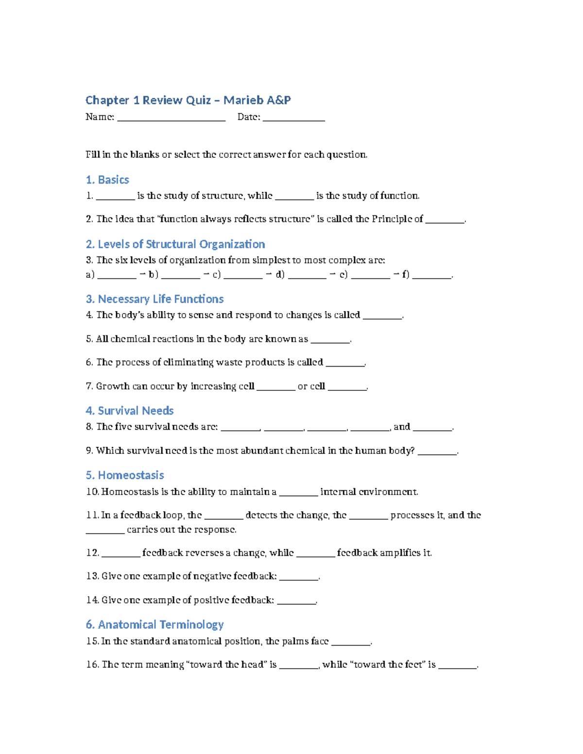 Chapter 1 Review Quiz for A&P - Marieb - Studocu