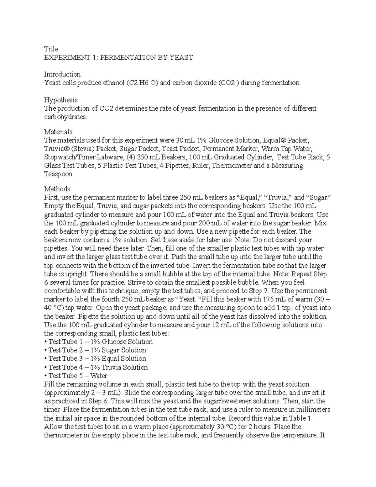 Experiment 1: Yeast Fermentation and CO2 Production Analysis - Studocu