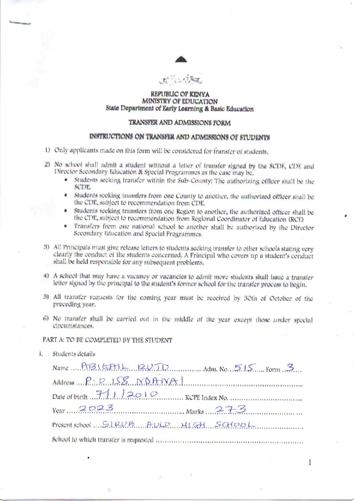 K1 - Transfer & Admissions Form Instructions for Students - Studocu