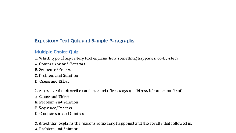 Expository Text Quiz 1 - Short Quiz on Types of Expository Writing ...