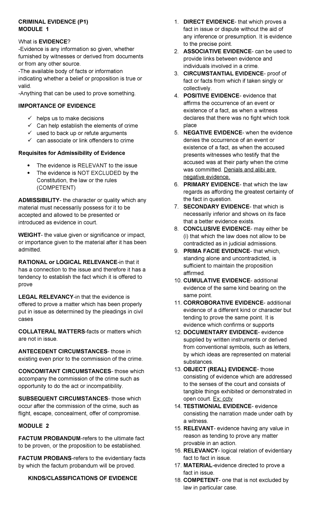 Criminal Evidence Overview and Review (P1) - Studocu