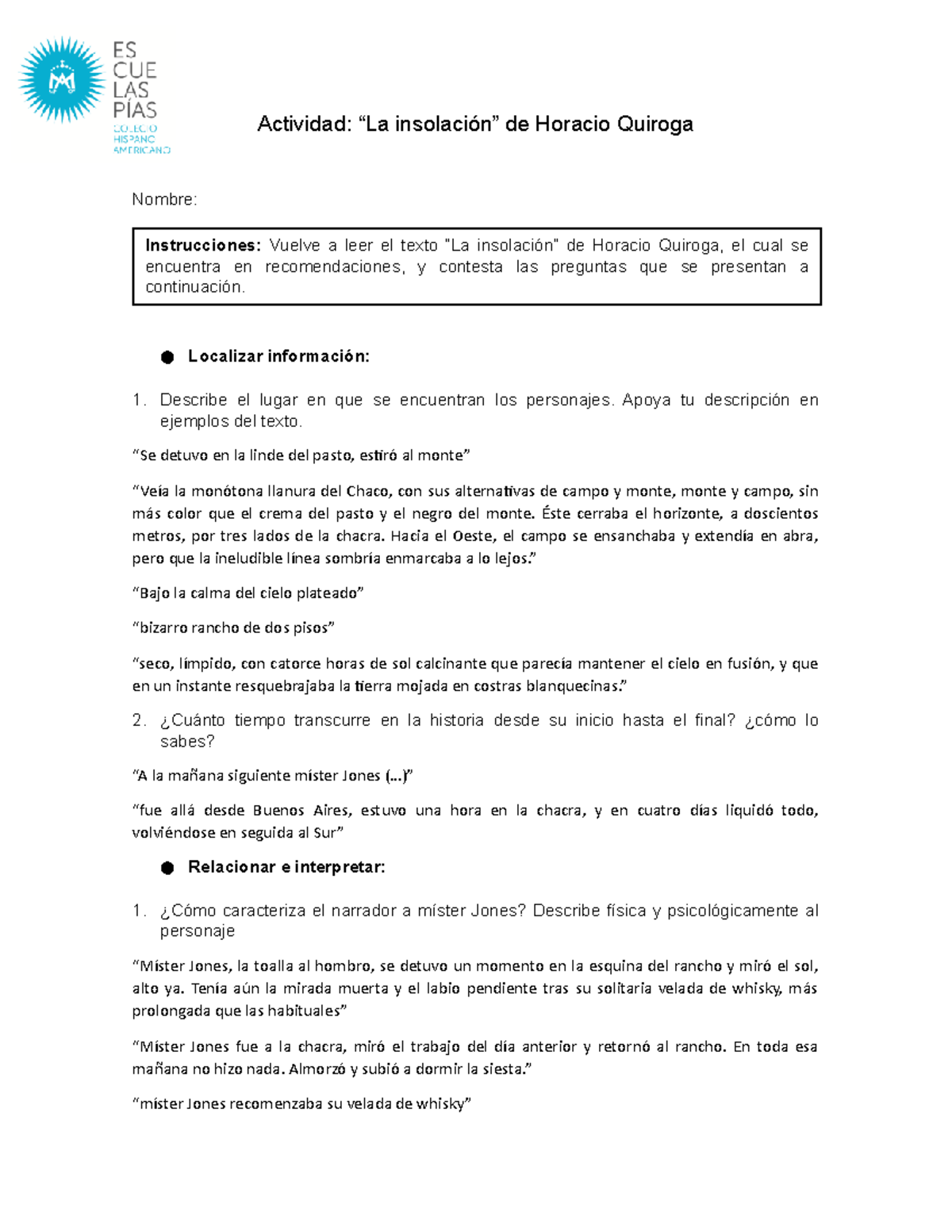Actividad sobre “La Insolación” de Horacio Quiroga - Análisis y ...