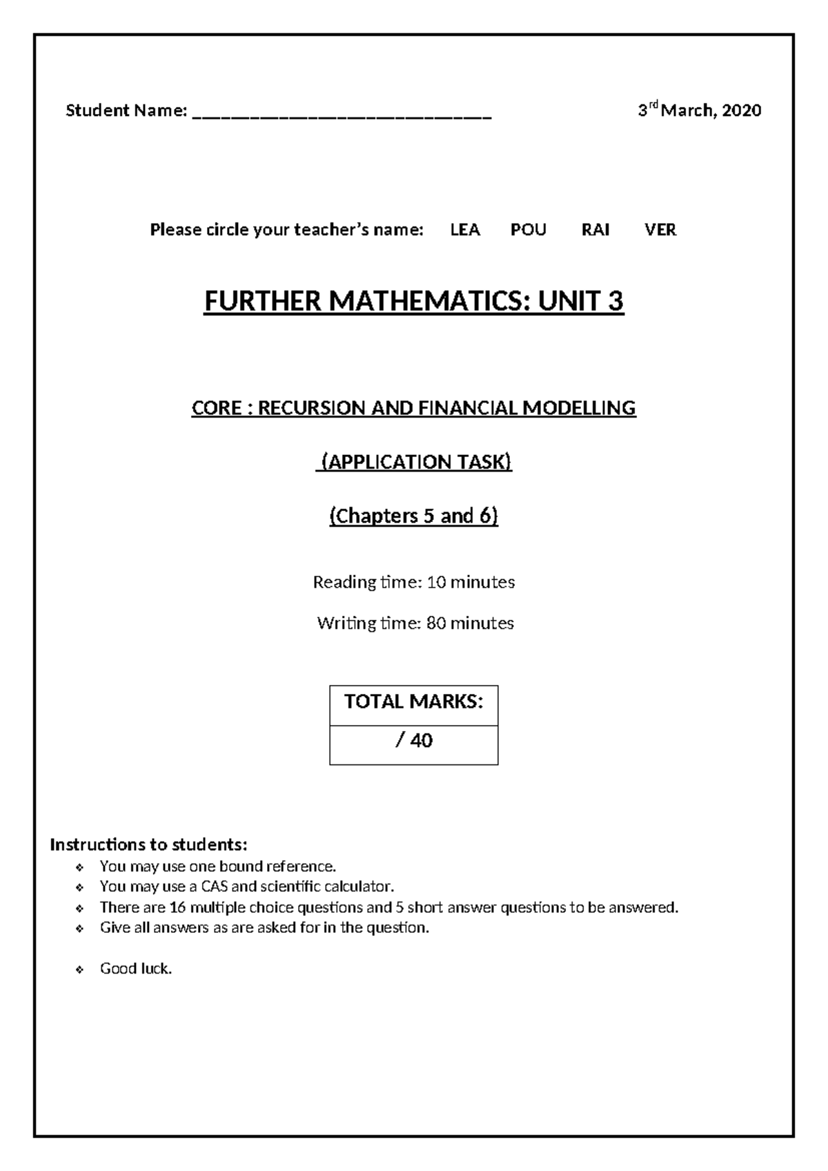 12FM 2020 Financial SAC: Recursion & Financial Modelling Tasks - Studocu