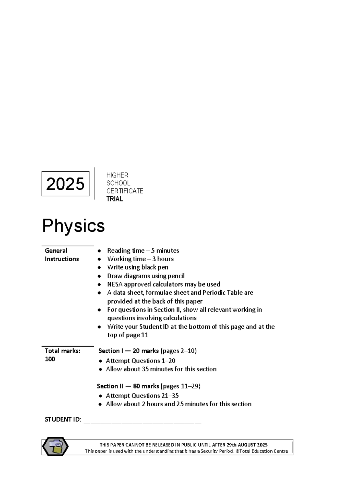 HSC Physics Trial Exam 2025 - General Instructions and Questions - Studocu