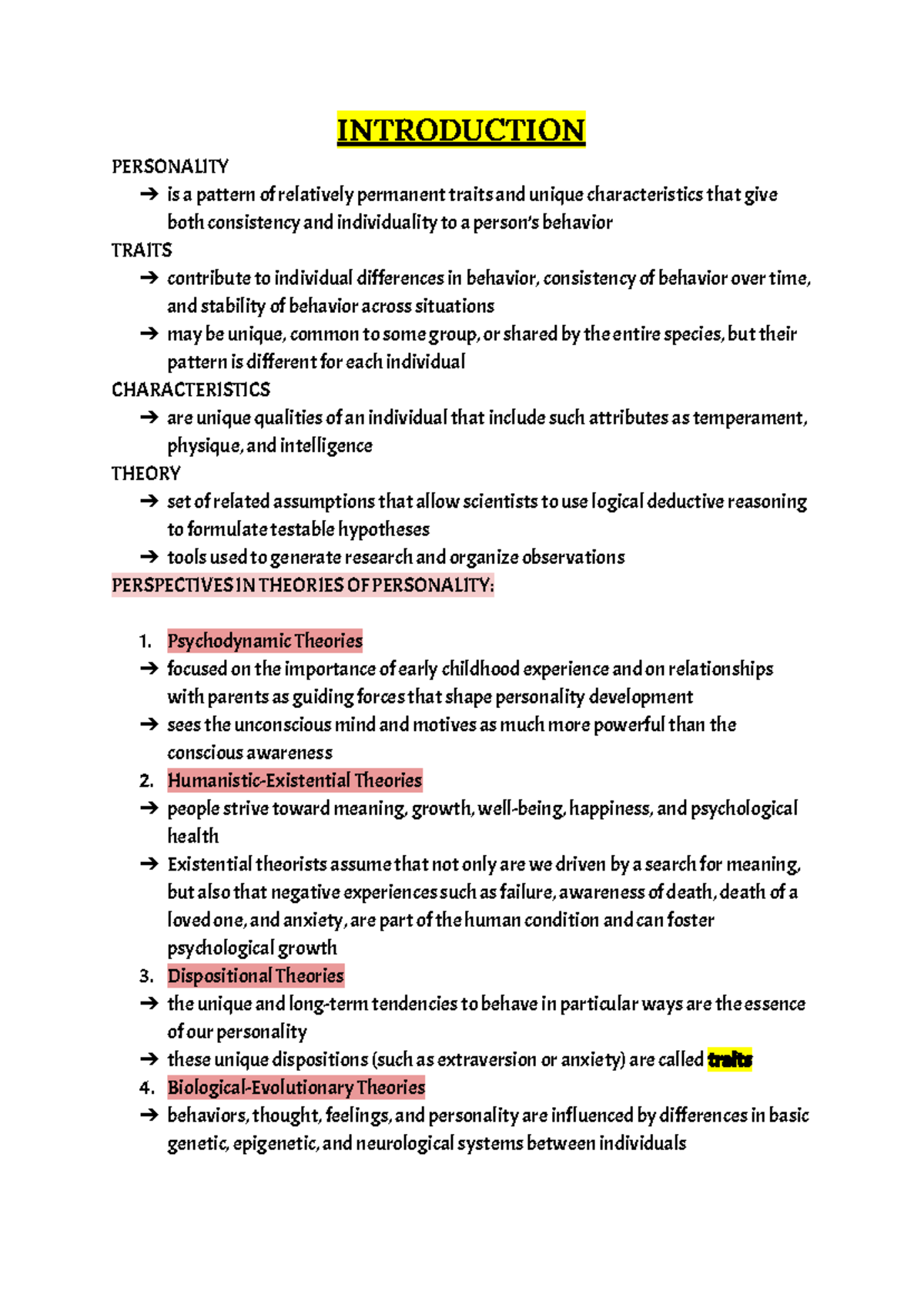 TOP (Intro-Midterms) - Notes on theories of personality - INTRODUCTION ...