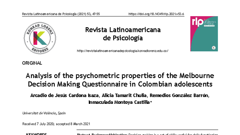Análisis psicométrico del Melbourne Decision Making Questionnaire en - Studocu
