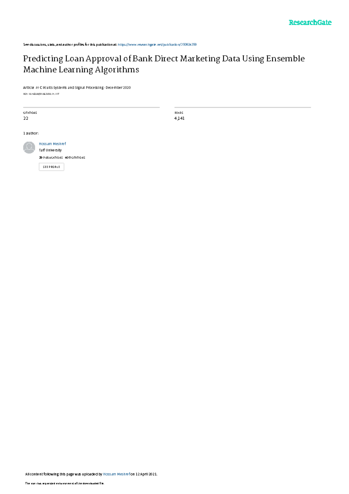 Predicting Loan Approval Using Ensemble ML Algorithms in Bank Marketing Data - Studocu