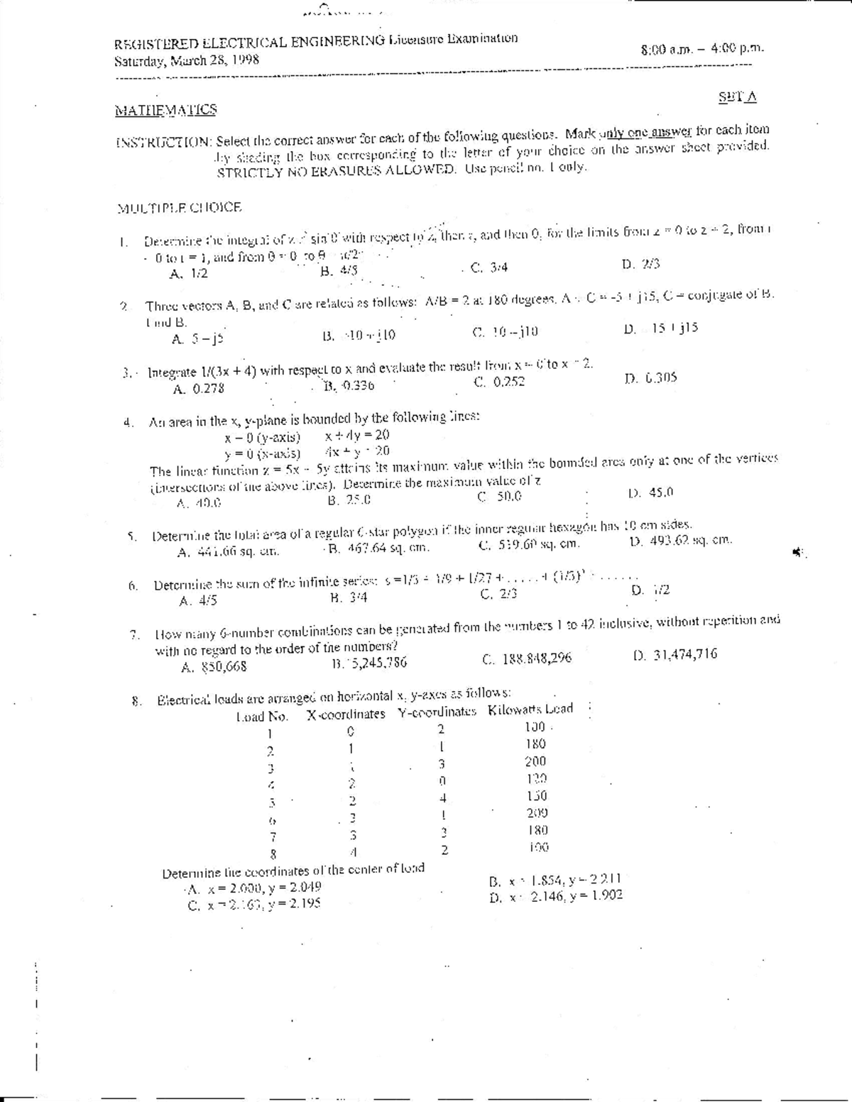MATH Board EXAM 1998 - March: Registered Electrical Engineering ...